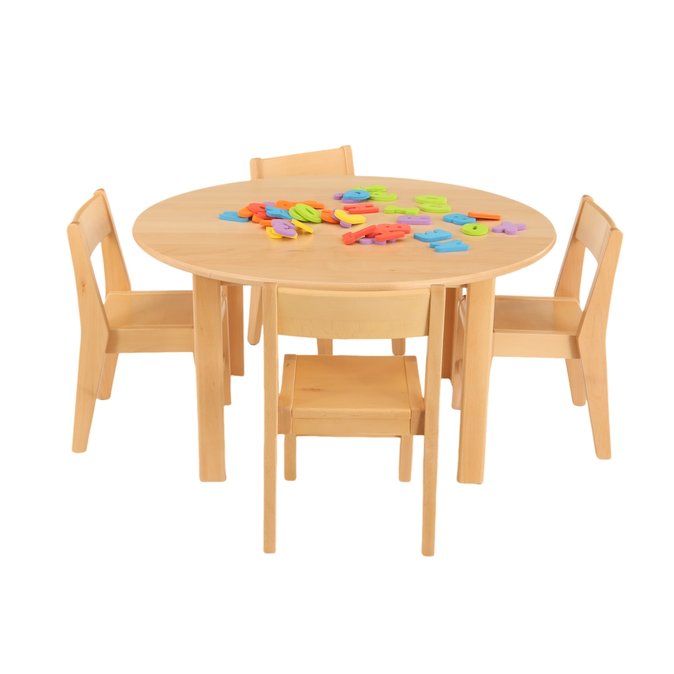 1000mm Solid Beech Circular Table and 2 Packs of 2 - 35mm Beech Devon Stacking Chairs Kebrico