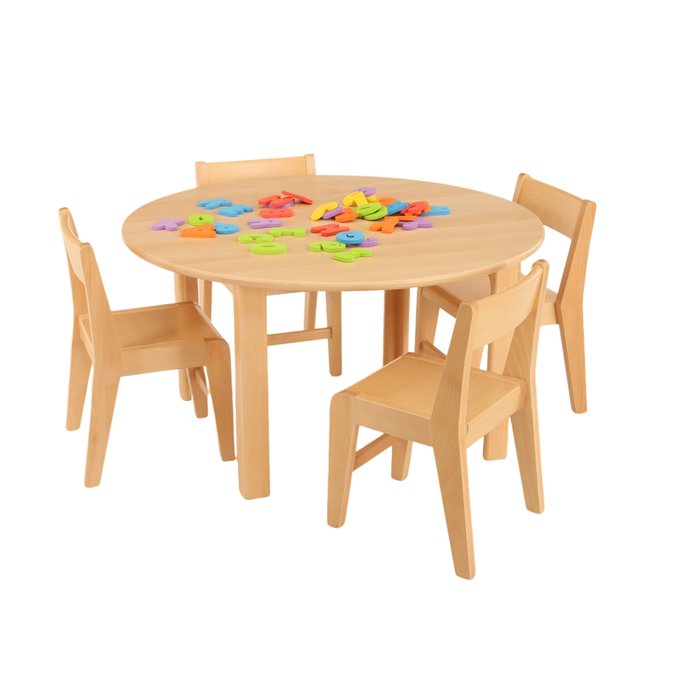 1000mm Solid Beech Circular Table and 2 Packs of 2 - 35mm Beech Devon Stacking Chairs Kebrico